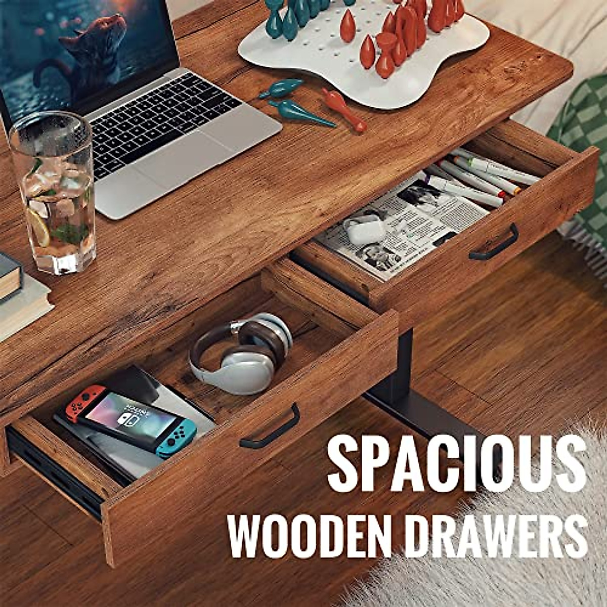 FEZIBO Adjustable Height Electric Standing Desk with Double Drawer, 55x 24 Inches Stand Up Home Office Desk with Splice Tabletop, Black Frame/Fir Brown Top