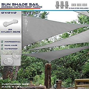 Windscreen4less Terylene Waterproof Sun Shade Sail UV Blocker Triangle Sunshade Patio Canopy Sail 12' x 12' x 12' in Color Light Grey 260GSM