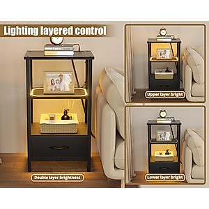 LED Nightstand with Charging Station, 2024 Updated Night Stand with Touch Switch Unlimited Dimming Double-Layer Control, Small Night Light Side Tables, Bedroom End Table, Bed Side Table(Black)