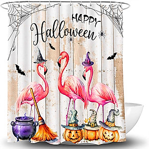 BBIOKD Halloween Shower Curtain Vintage Funny Flamingo Horror Gothic Pumpkin on Grey Wood Magic Witch Hat with Bat Bathroom Fabric Polyester Bath Curtains Bathroom Set with Hooks 70x70 Inch