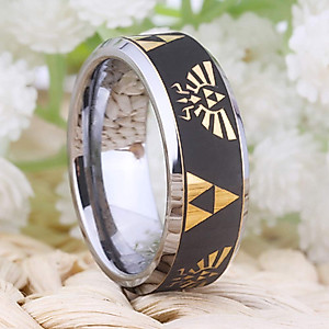 CLOUD DANCER FREE Custom Engraving The Legend of Zelda Ring- Crest and Triforce Ring Gold with Silver Bevel Tungsten Carbide Wedding Ring Engagement Ring (9.5)