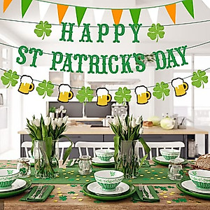 St Patricks Day Banner, SEPGLITTER 3 Strings St. Patrick's Banner Gold Glitter Saint Patricks Day Decorations Happy St. Patrick's Day Banner Decor with Clover Signs for Shamrock Garland Party Supplies