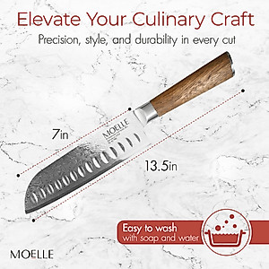MOELLE Professional 7-Inch Kitchen Knives, Damascus Steel Blade, Sharp Chef's Knife with Sustainable Teak Wood Handle, Danish Design Chef Knives for Cooking - Gift Box Ready
