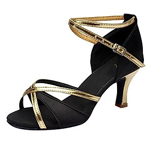 Women's Professional Latin Dance Shoes Fashion Cross Straps Open Toe Buckle Flared Heel Sandals Satin Salsa Ballroom Practice Performance Dance Shoes Black