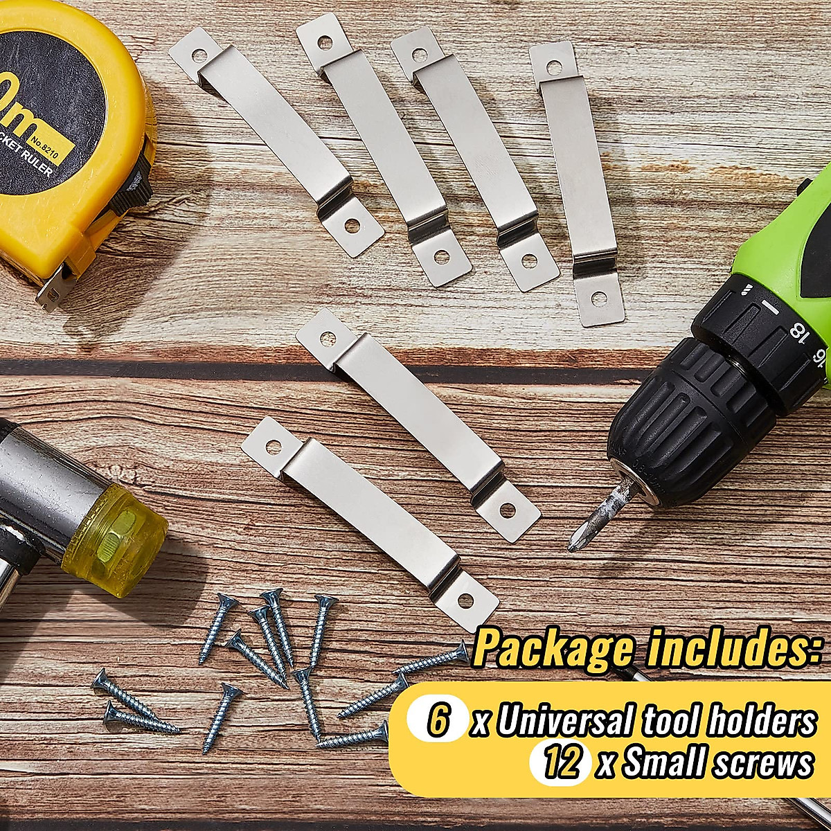 Tape Measure Clip Tape Measure Holder Bench Belt Universal Tool with Screws Stainless Steel Tool Hanger Storage Dock for Mount Drill Power Tape Measures and Belt Clips (6 Pcs, Silver)