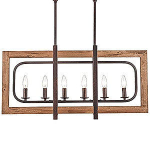 DEYNITE Farmhouse Wood Chandelier for Kitchen Island 6-Light Dining Room Pendant Light Fixtures in Rust & Brown Finish