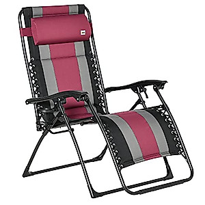 Outsunny XL Oversize Zero Gravity Recliner, Padded Patio Lounger Chair, Folding Chair with Adjustable Backrest, Cup Holder, and Headrest for Backyard, Poolside, Lawn, Striped, Wine Red