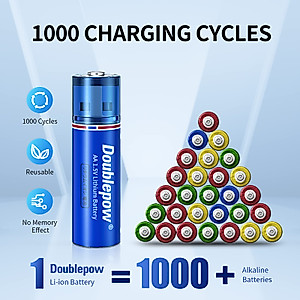 Doublepow Rechargeable AA Batteries,AA Lithium Batteries,1.5V Lithium AA Rechargeable Battery with USB Plug,1500mWh Capacity Fast Charge Double A Lithium Battery,4 Pack