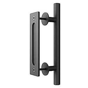 Genius Iron 12 Inch Sliding Barn Door Handle, Pull and Flush Hardware Set, Solid Cast Iron Rustic Style, Black