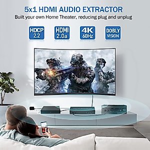 4K@60Hz HDMI Switch 5x1 with Audio Extractor, avedio links 5 Port HDMI Switcher with Optical SPDIF + 3.5mm Audio, 5 in 1 Out HDMI Audio Selector Switch Box with Remote Support HDR10 ARC 18Gbps HDCP2.2