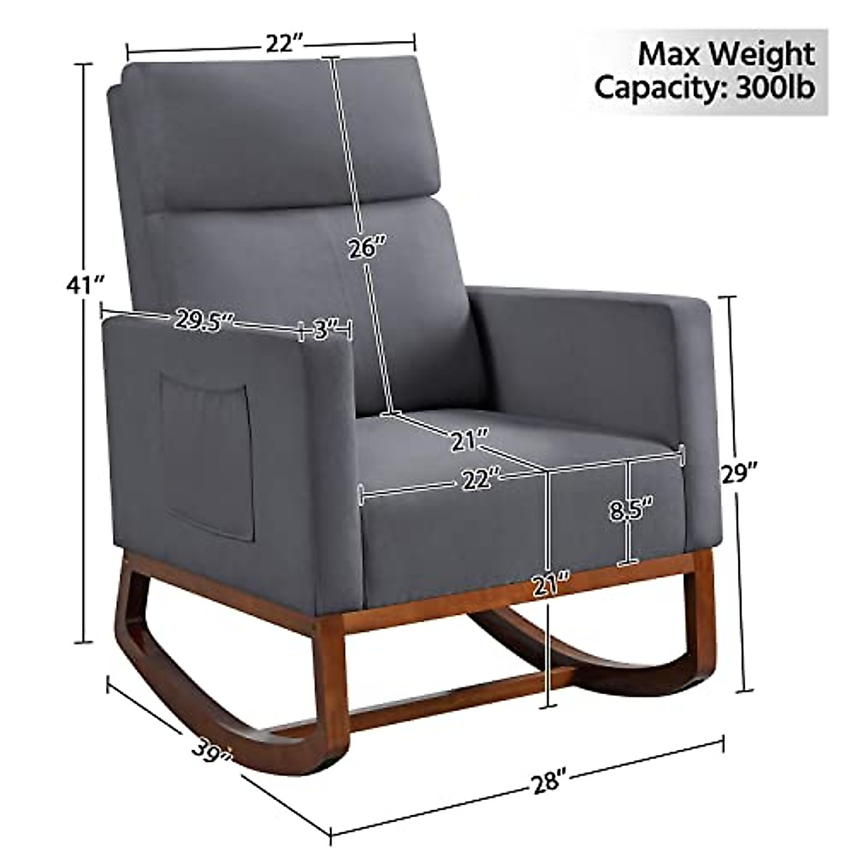 Yaheetech Rocking Chair Nursery Upholstered Glider Chair with Rubber Wood Legs Side Pocket, Rocking Accent Armchair for Living Room, Gray