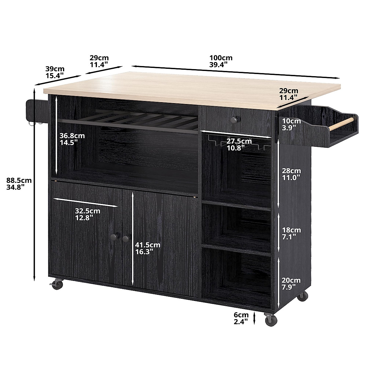 IRONCK Rolling Kitchen Island Cart with Drop-Leaf and Wine Rack, Microwave Rack Serving Cart on Wheels with Drawer & Shelves & Spice Rack & Cup Hanging, White