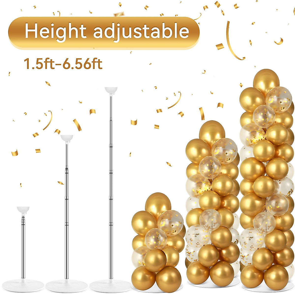 2 Sets Metallic Gold Balloon Column Stand Kit with 100 Balloons Adjustable Balloon Tower Stand with Bases for Floor Gold Confetti Balloons Column Kit for Birthday Wedding Anniversary Graduation Party