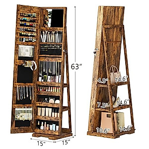 SDHYL Mirror Jewelry Cabinet Standing, 360° Swivel Mirror with Storage Full Length with Jewelry Storage,Jewelry Organizers and Storage Makeup Storage with Lock, Best Gift for Wife & Girls, 63"x15"