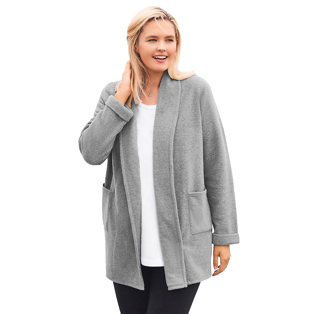 Woman Within Plus Size Microfleece Cardigan Shawl Collar Oversized Long Open Jacket - 1X, Medium Heather Grey