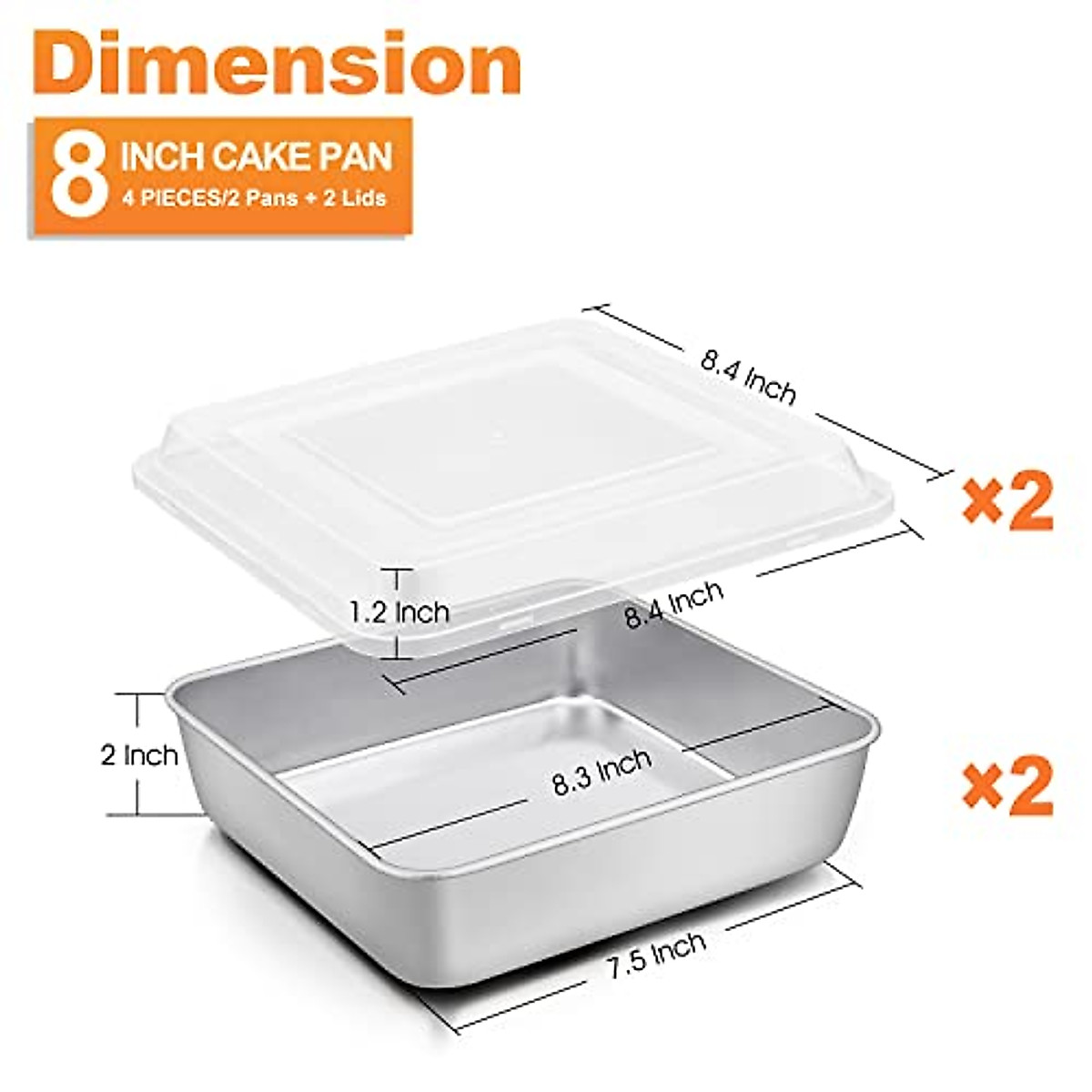Herogo 8”x 8” Square Cake Pan, Stainless Steel Square Baking Pan with Lid, Cakes Brownie Lasagna Pan Set, 2 Pans + 2 Lids, Healthy & Durable, Dishwasher Safe