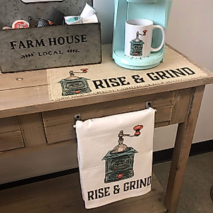 Rise and Grind Premium Tea Towel - Vintage Coffee Grinder, XL Flour Sack Tea Towel, dish towel, Coffee themed gifts for the Coffee Station - Made in the USA