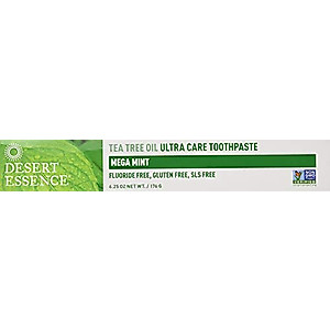 Desert Essence Tea Tree Oil Ultra Care Toothpaste 6.5 oz - Non-GMO, Gluten Free, Vegan, Cruelty Free, Fluoride Free - Pure Australian Tea Tree Oil, Baking Soda & Chamomile, Fights Bacteria & Plaque