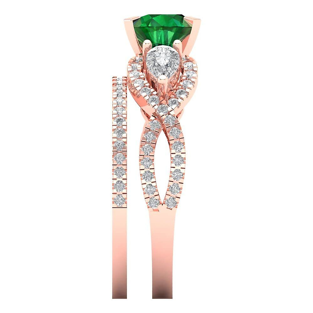 Clara Pucci 2ct Round Cut Solitaire 3 stone Simulated Emerald Engagement Promise Anniversary Bridal Ring Band set 14k Rose Gold 8.25