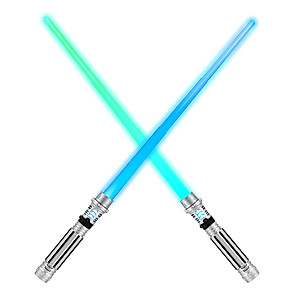 JOYIN Extendable 2-in-1 Light Up Sword for Kids, Dual LED Swords Set with FX Sound (Motion Sensitive) and Realistic Sliver Handle for Fighters and Warriors, New Years Eve Party Supplies Boys Stuff