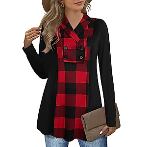 Tunic Tops to Wear with Leggings,Bebonnie Ladies Plus Size Fall Long Sleeve Casual Business Lapel V Neck Christmas Swing Sweatershirts Pullover Dressy Winter Tops Flannel Shirts Sweaters Red Black XL
