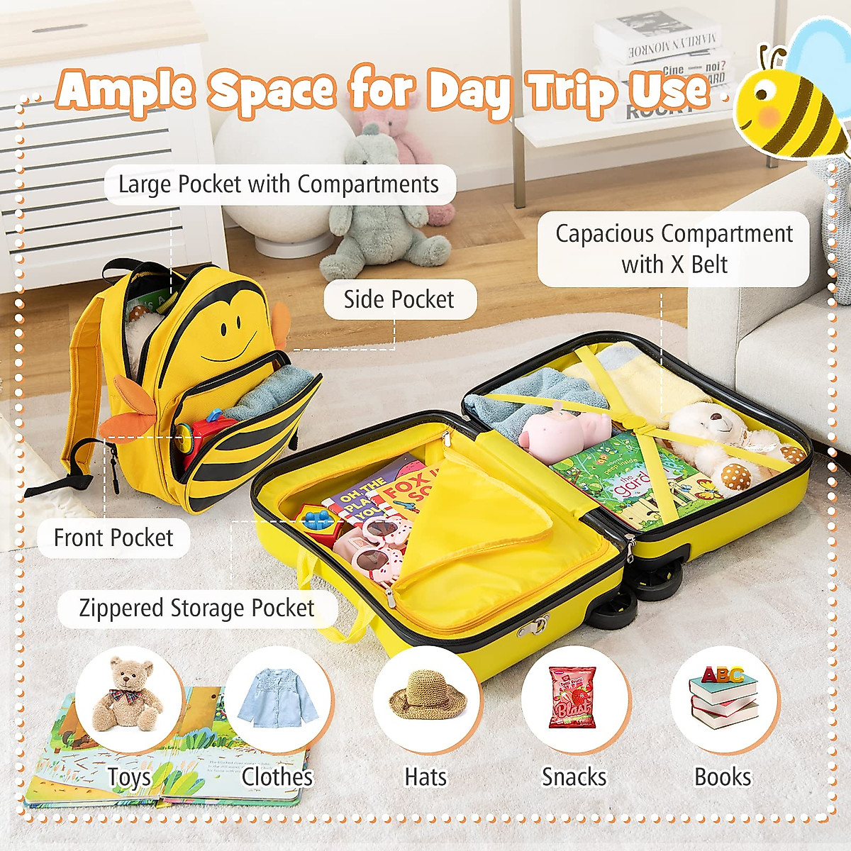 HONEY JOY 12" Bee Themed Kids Travel Backpack & 18" Hardside Suitcase with Wheels, Yellow, 2 Pcs