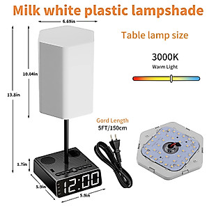 Table Lamp with Alarm Clock, Charging Station, USB C & A, AC Outlet Ports, Speakers, Radio FM - Power Outlet with Touch Control 3-Way Dimmable Nightstand Lamp for Kids Study Room, Bedroom