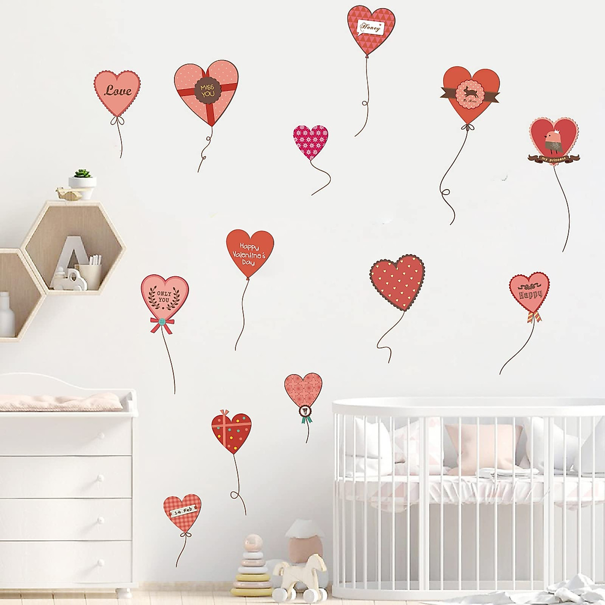 Valentine's Day Wall Decals Heart-Shaped Balloon Wall Stickers DIY Removable Mural for Nursery Baby Room Bedroom Doors Windows Valentine's Day Party Wall Decor