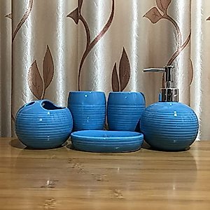 bbruriy 5 Piece Blue Ceramic Full Bathroom Accessories Set Includes Soap Lotion Dispenser - Soap Dish- Toothbrush Holder and European Embossed Mouthwash Cup2 Hotel Bathroom Supplies,Blue