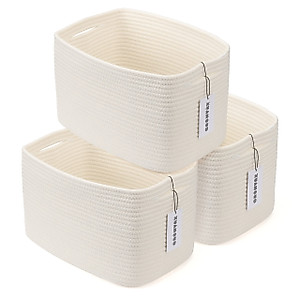Cotton Rope storage Basket Bins Woven Basket for Organizing Shelves Rectangle Decorative Baskets For storage Clothes Toys Books Towels Square Wicker Nursery basket organizer 3 pack white