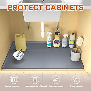 KRZKRZ Under Sink Mat 34x22,Multi-role Under the Sink Mat,Under Sink Mats for Kitchen Waterproof ,Thick Silicone Under Kitchen Sink Mat ,Grey Under Sink Tray can Store and Protect Bathroom,Cabinet.