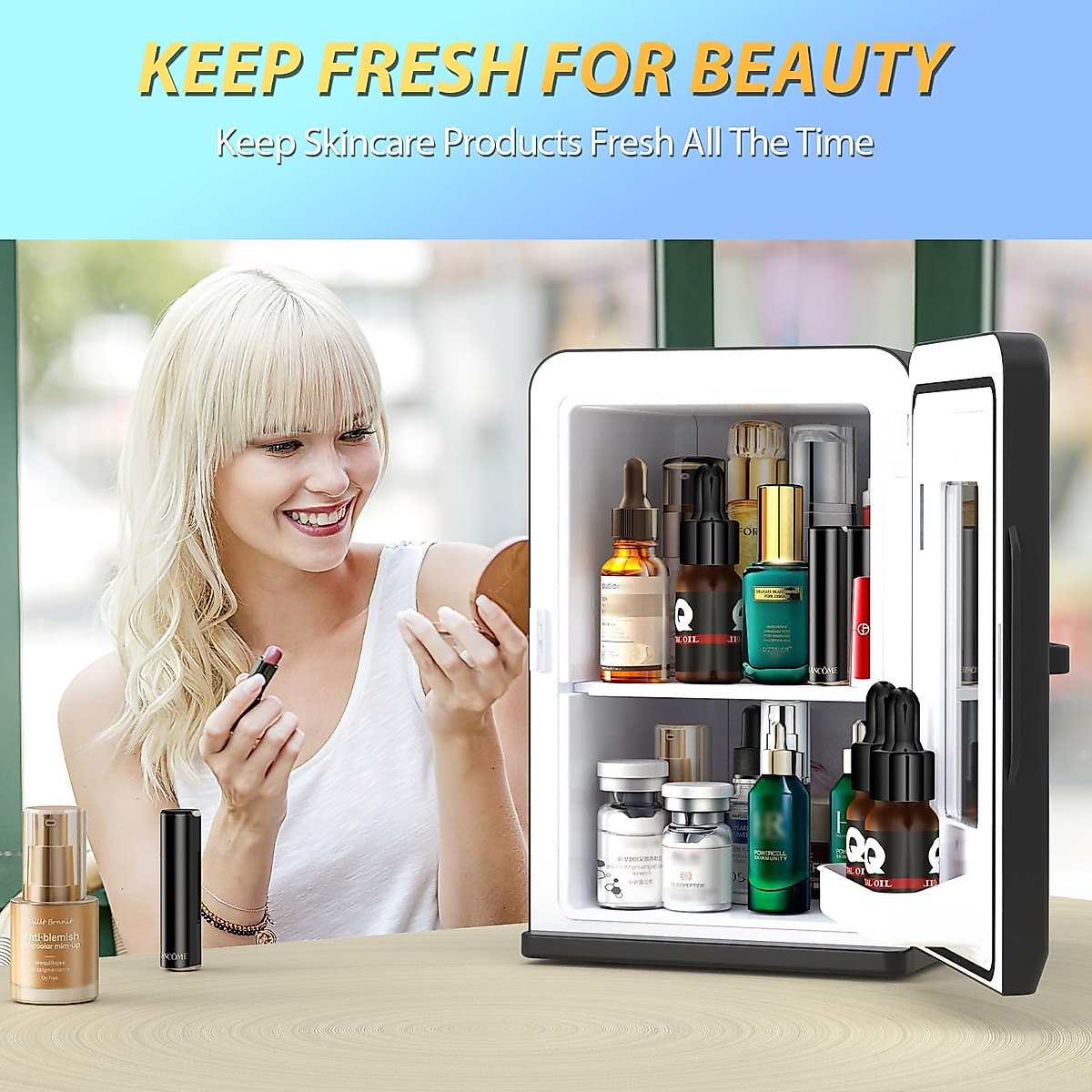 Mini Fridge for Bedroom, 15 Litre/21 Cans Portable Mini Refrigerator with AC/DC Power for Office, Dorm and Car, Thermoelectric Cooler & Warmer Skincare Fridge for Drinks, Food, Cosmetics