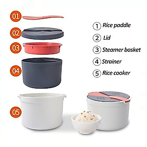 Microwave Rice Cooker Steamer, 2L Rice Maker Pasta Cooker with Strainer & Steamer Basket, MIATTCLD BPA Free Plastic Microwaveable Cookware Set for Rice, Oats, Veggies, Pasta, Ramen, Quinoa