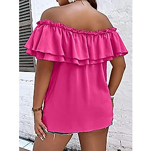 MakeMeChic Women's Plus Size Off Shoulder Tie Front Layered Ruffle Short Sleeve Blouse Top Hot Pink 2XL