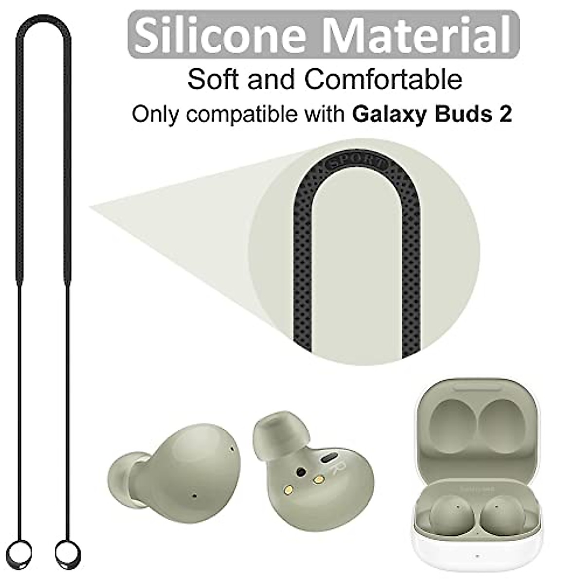 Strap Ear Tips Kit for Galaxy Buds 2 SM-R177, Anti-Lost Soft Silicone Lanyard Neck Rope Cord Leash Gel Eartips Earbuds Skin Accessories Compatible with Samsung Galaxy Buds 2 - Graphite