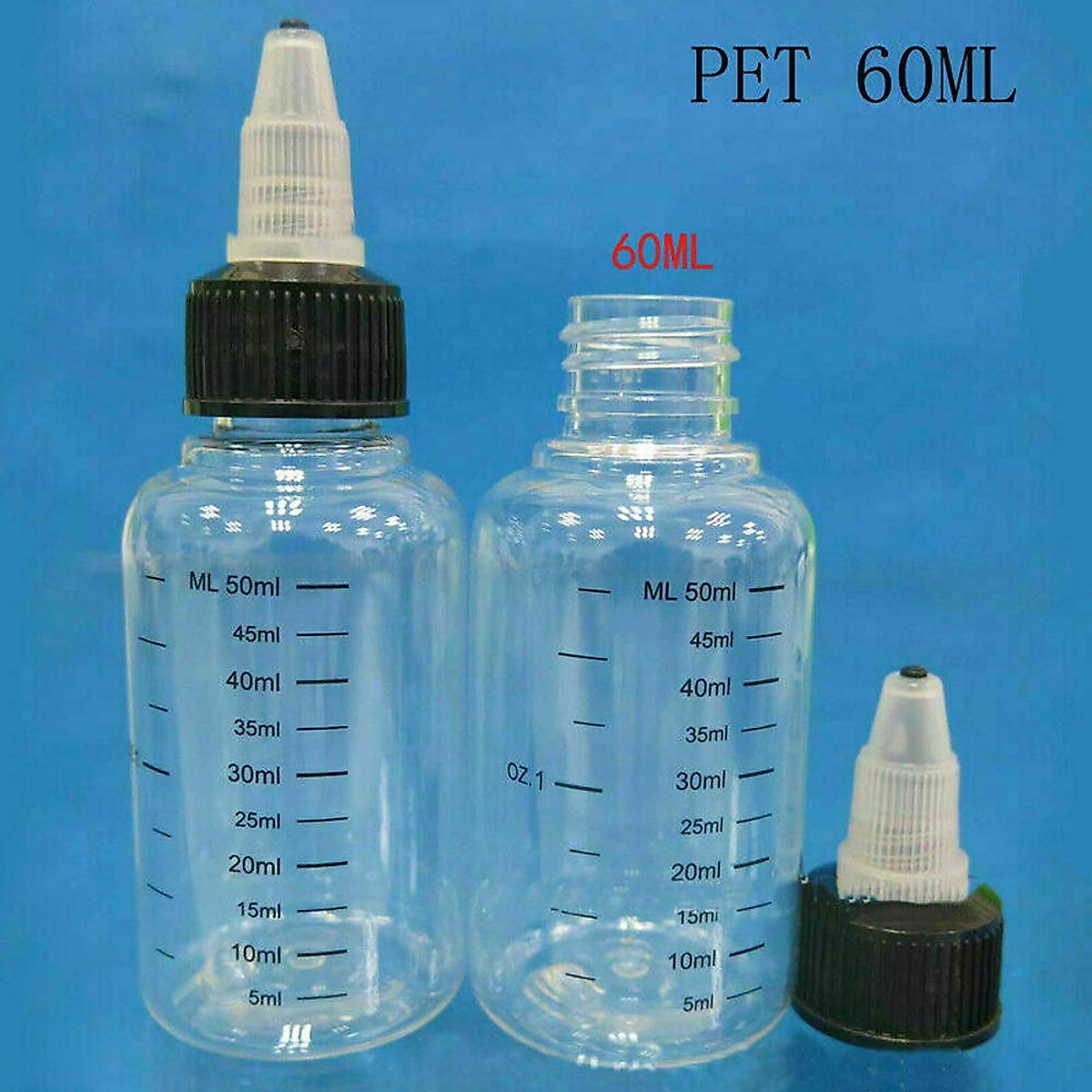 NANSHINE Graduated Bottles 10PCS 60ml(2oz) PET Plastic Pointed Bottles with Twist Top Cap Plastic Graduated PET Dropper Water Liquid Bottles