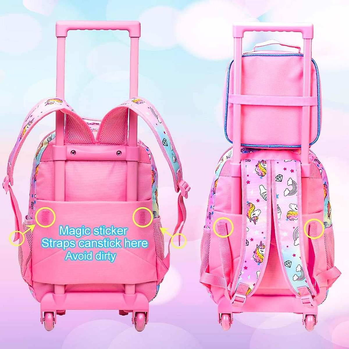 gxtvo Rolling Backpack for Girls, Roller Wheels Kids Bookbag - Wheeled Suitcase Elementary Sequin School Bag - 3PCS Unicorn