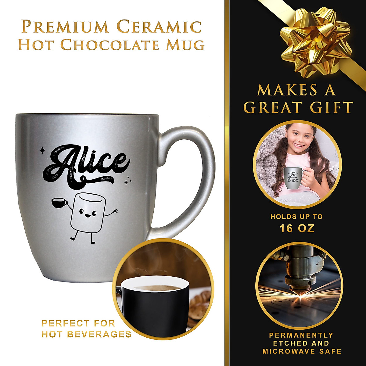 Custom Personalized Premium Kids Hot Cocoa and Hot Chocolate Mug for Boys, Girls, Mom and Dad (Silver)