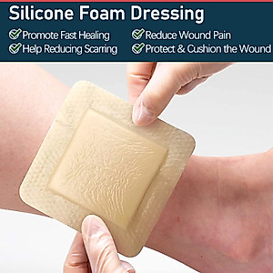 LotFancy Silicone Foam Dressing, 4"x 4" (2.5”x 2.5” Pad), 10 Count, Adhesive Wound Dressing with Border, Bed Sores, Pressure Ulcers Bandages Pads, Highly Absorbent, Waterproof
