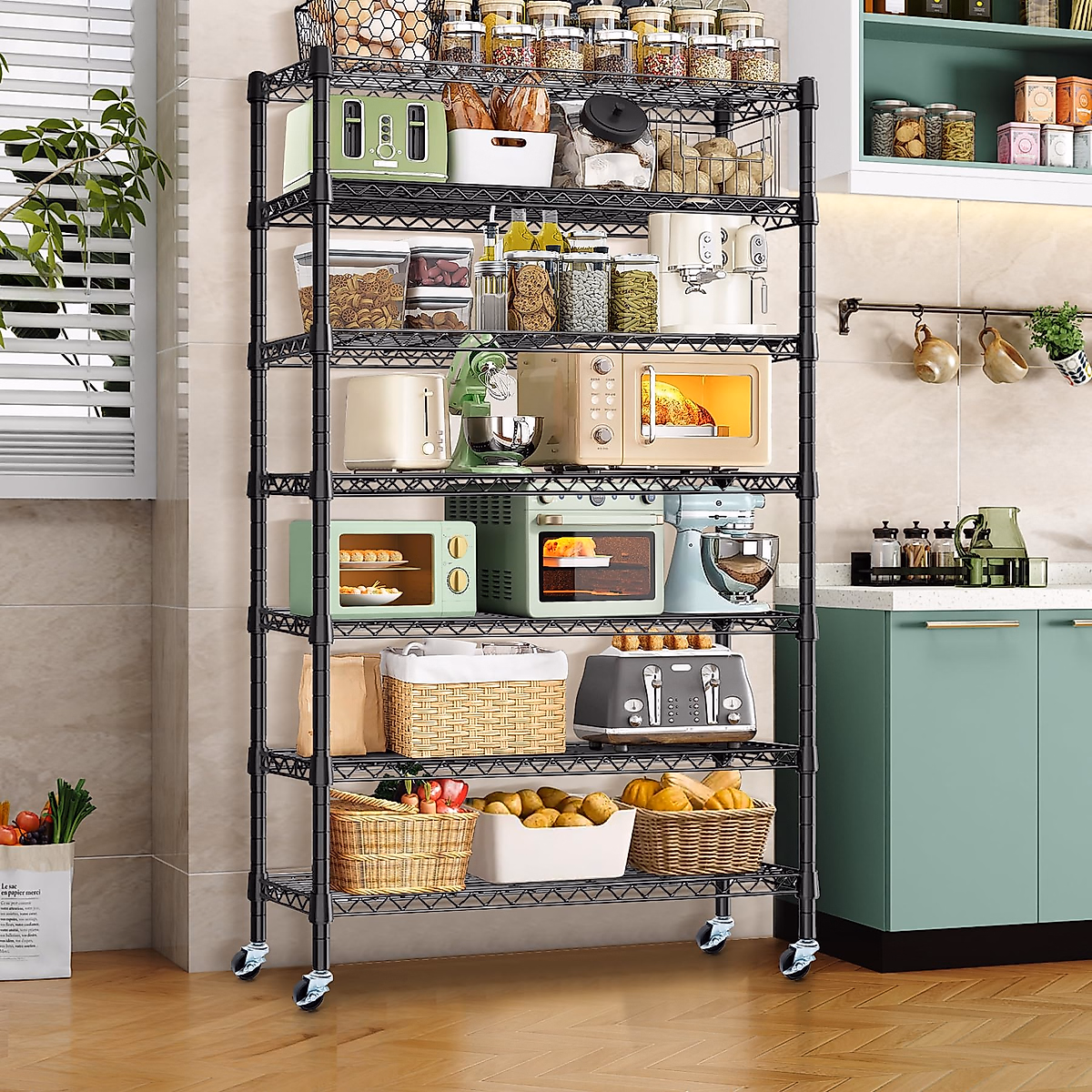 BSFHH Tool Utility Shelves, 7-Tier Adjustable Wire Shelving Unit Storage Shelves Heavy Duty Storage Rack with Wheels