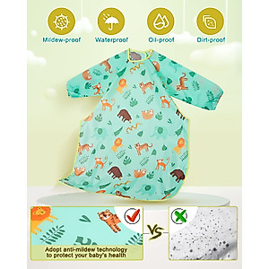 Lictin Coverall Baby Feeding Bibs - 2-Pack Long Sleeve Baby Bibs for Eating, Adjustable Weaning Bibs, Waterproof Bib Attaches and Fully Cover to Baby Highchair and Table