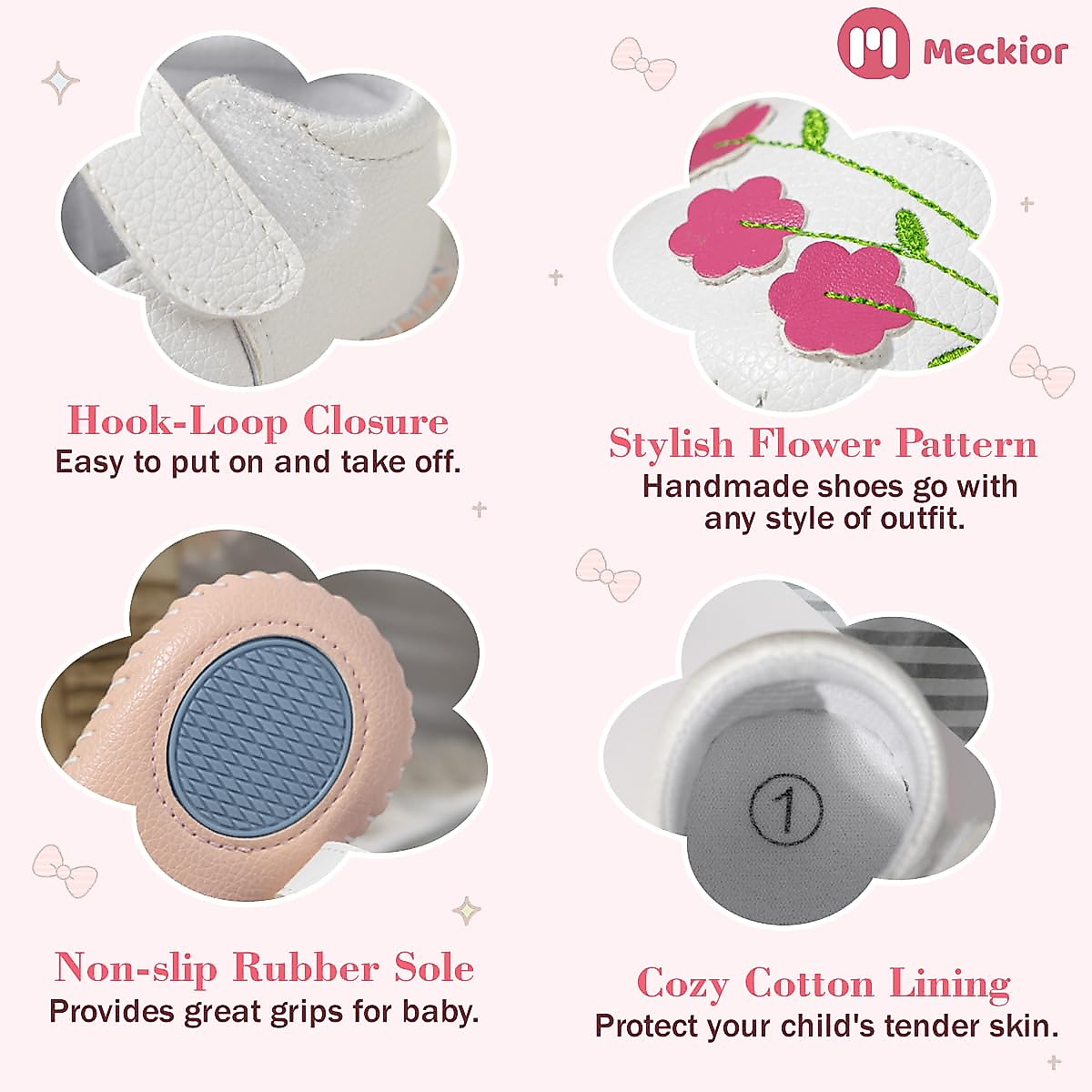 Meckior Infant Baby Girls Boys Handmade Princess Flats Toddler First Walkers Soft PU Leather Non-Slip Crib Wedding Dress Shoes