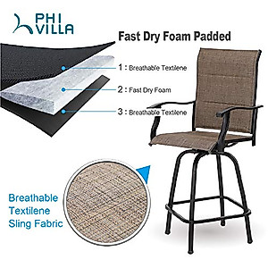PHI VILLA 2 PCS Outdoor Swivel Bar Stools Bar Height Patio Chair with Padded Sling Fabric, All Weather Resistant Steel Frame