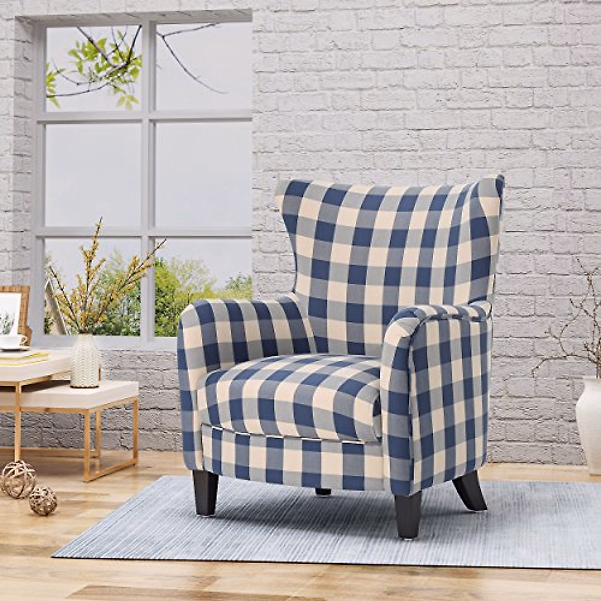 Christopher Knight Home Oliver Farmhouse Armchair, Checkerboard, Polyester and Birch Wood, Blue Floral