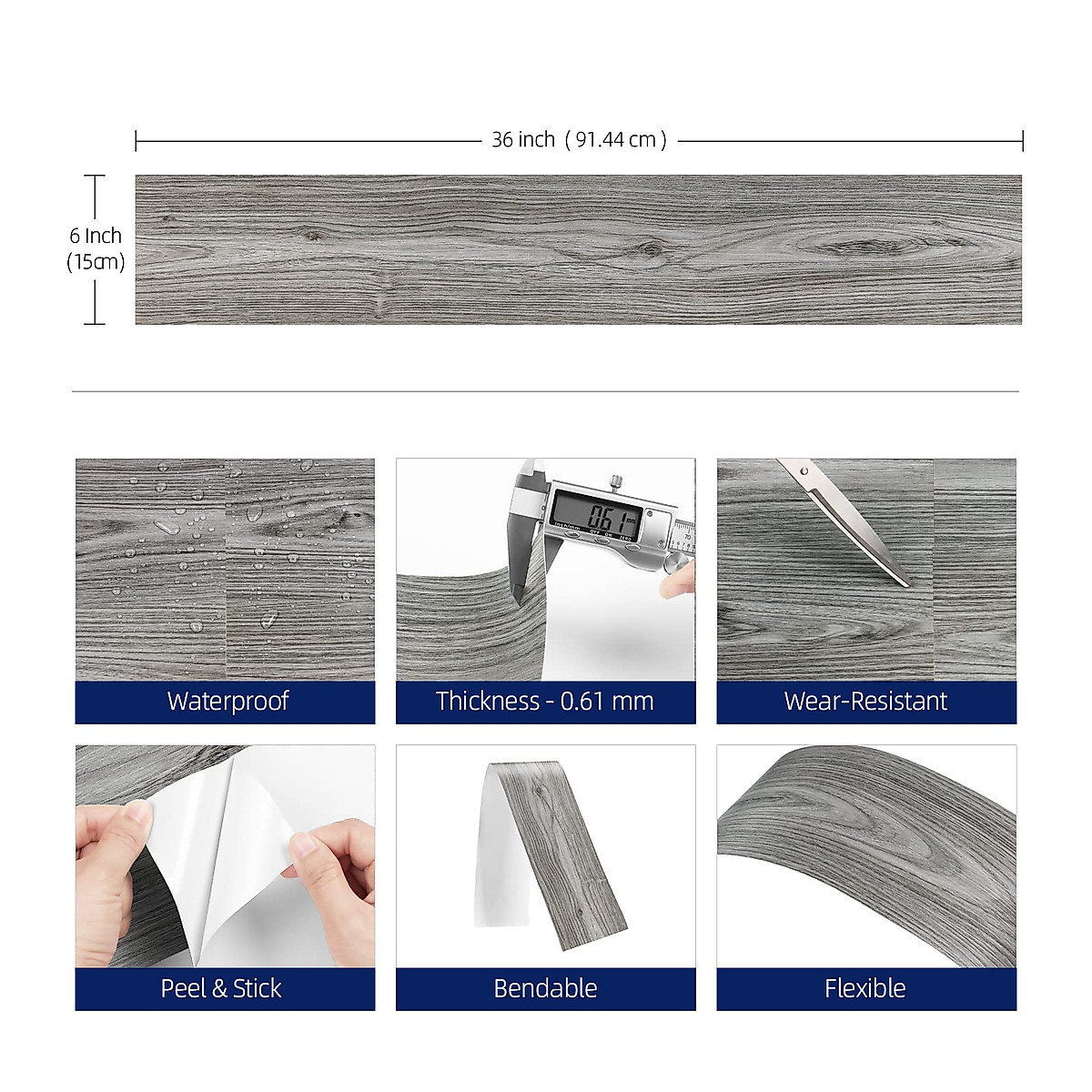 FunStick 6"x36" Grey Wood Peel and Stick Floor Tile Natural Wood Vinyl Flooring Peel and Stick Vinyl Plank Flooring Waterproof Stick on Floor Tiles for Bathroom Kitchen Bedroom Laminate Flooring 5 Pcs