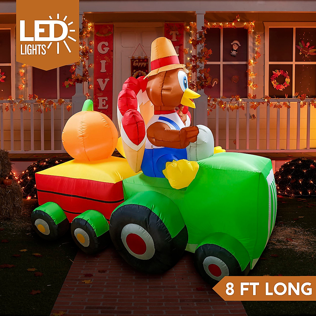 Joiedomi 8 FT Inflatable Turkey Driving Car Decoration with Built-in LEDs, Blow Up Inflatables for Thanksgiving Party Indoor, Outdoor, Yard, Garden and Lawn Fall