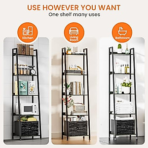 RbhAuto Upgraded Ladder Shelf, 5-Tier Elevated Ladder Bookshelf with Drawers, 63" Tall Bookshelf Ladder Shelf Bookcase, Standing Storage Ladder Shelves for Bedroom, Living Room, Home Office, Black Oak