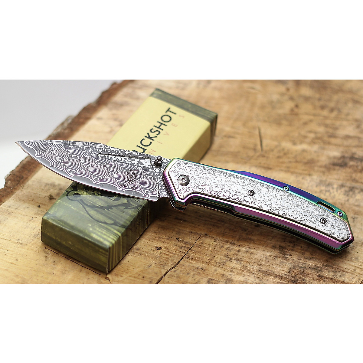 Buckshot Knives Thumb Open Spring Assisted Stainless Steel Titanium Handle with 3D Etched Inlay, Etched Damascus Wave Blade Pocket Knife (PBK215RW)