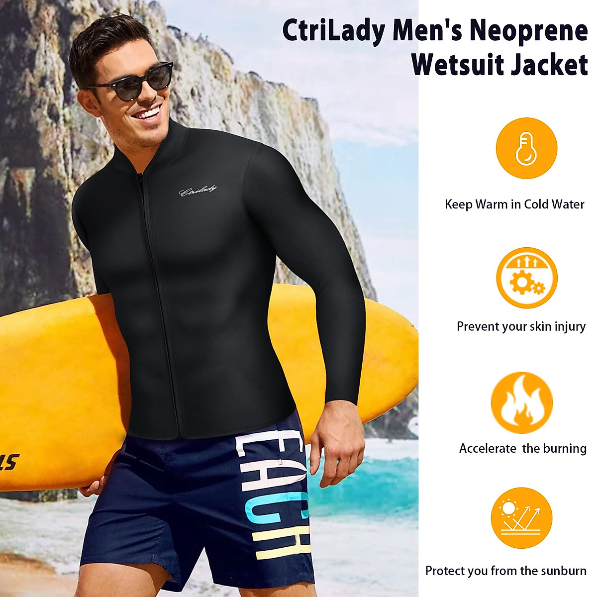 CtriLady Men's Best Neoprene Wetsuit Jacket Front Zipper Long Sleeves Workout Tank Top for Swimming Snorkeling Surfing (Black, 3XL)