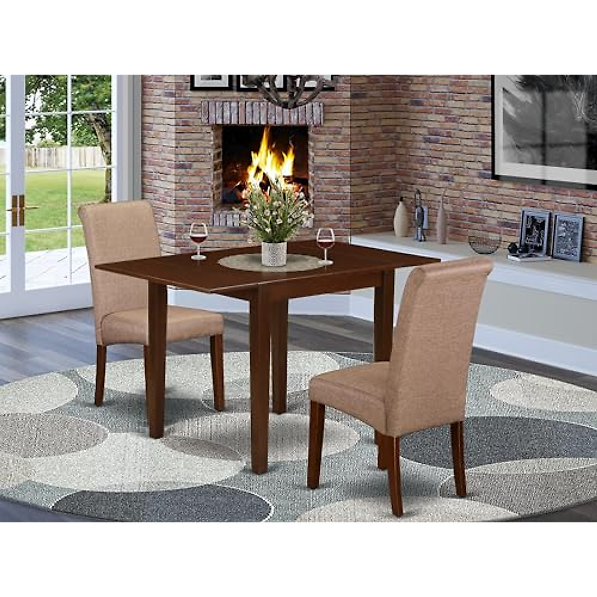 East West Furniture NDBA3-MAH-18 3 Piece Kitchen Table Set Contains a Rectangle Dining Room Table with Dropleaf and 2 Brown Linen Linen Fabric Parson Dining Chairs, 30x48 Inch, Mahogany